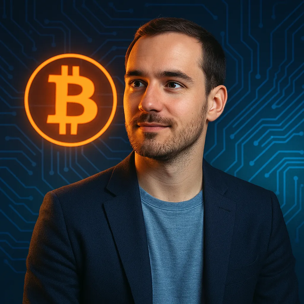 Portrait of a confident young man in a blazer, with a glowing Bitcoin symbol behind him on a digital circuit background, symbolizing blockchain innovation.