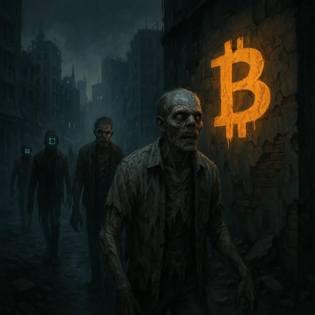 A dark, post-apocalyptic city street with zombies approaching, glowing Bitcoin graffiti on a wall, and digital elements in their faces symbolizing blockchain gaming.