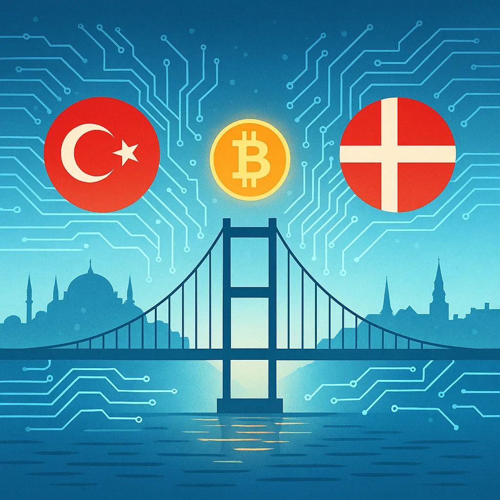 A digital bridge connecting Turkey and Denmark with circuit lines, national flags, and a glowing Bitcoin symbol, symbolizing global crypto collaboration.